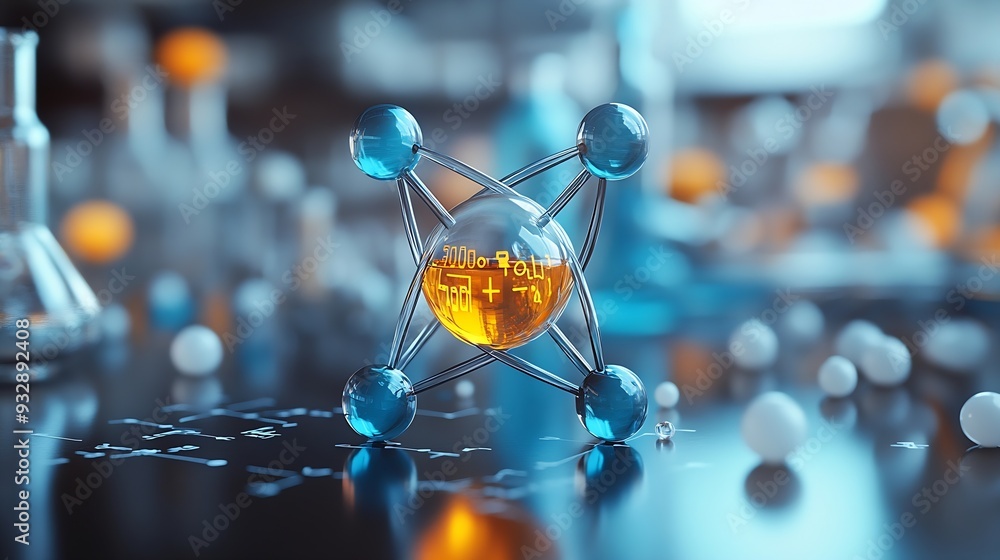 Image of chemical compounds and scientific formulas over atom model in ...