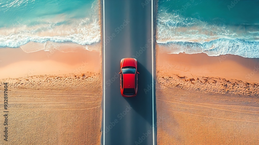 Red car driving in panoramic road landscape by the beach Highway ...