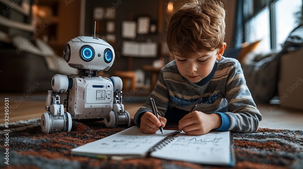 Education writing in notebook and kid with robotics homework homeschool ...