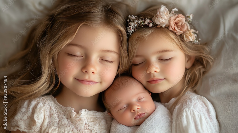 portrait of big sister cuddling newborn little baby girl lying,her new ...