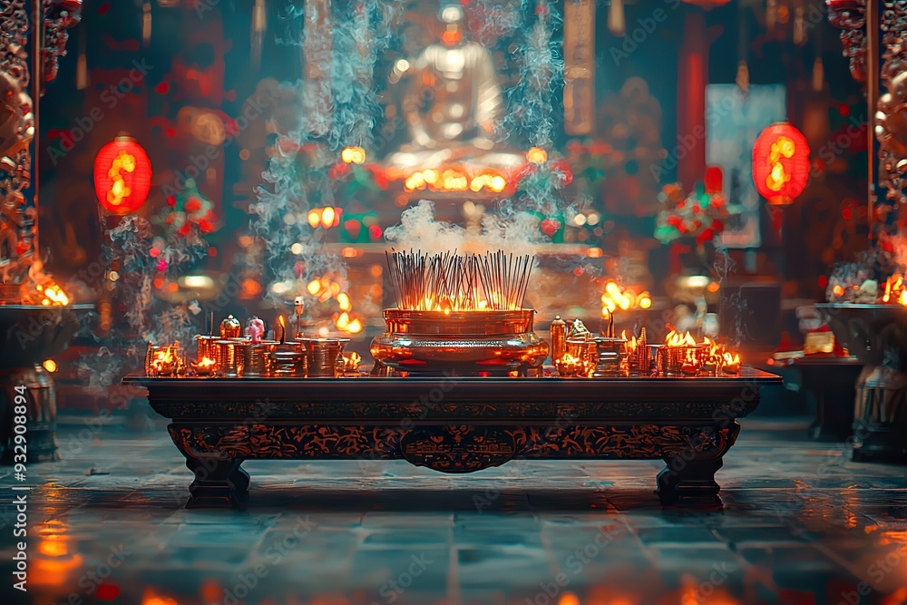 altar table full of offerings and burning incense at the Hungry Ghost ...