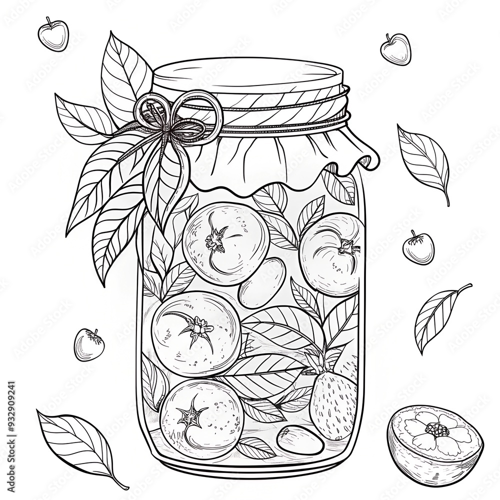 Highly Detailed Monochromatic Botanical Illustration of Peach Jam with ...
