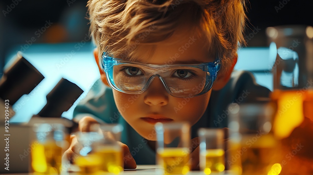 little scientist looking through a microscope and test tubes filled ...