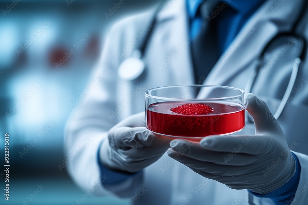 Scientist carefully holding a Petri dish with a red microbial culture ...