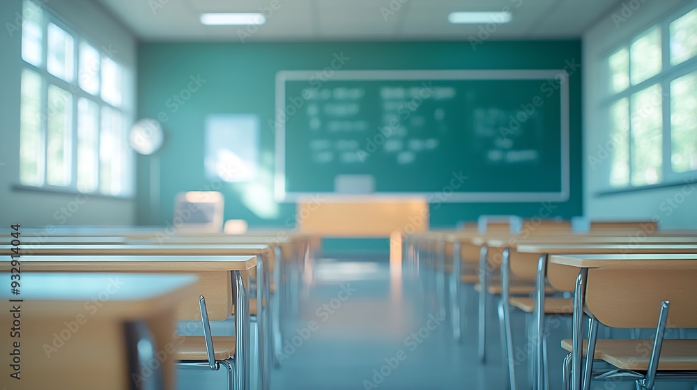 Blur background of interior design of empty classroom with blackboard ...