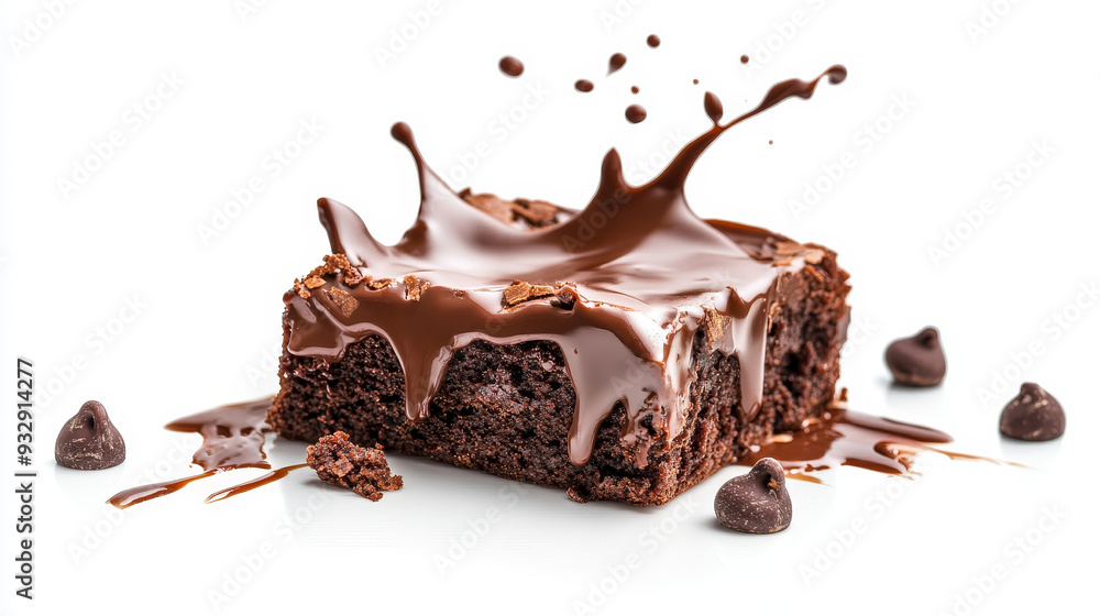 “A piece of brownie with a splash of chocolate, isolated on a white ...
