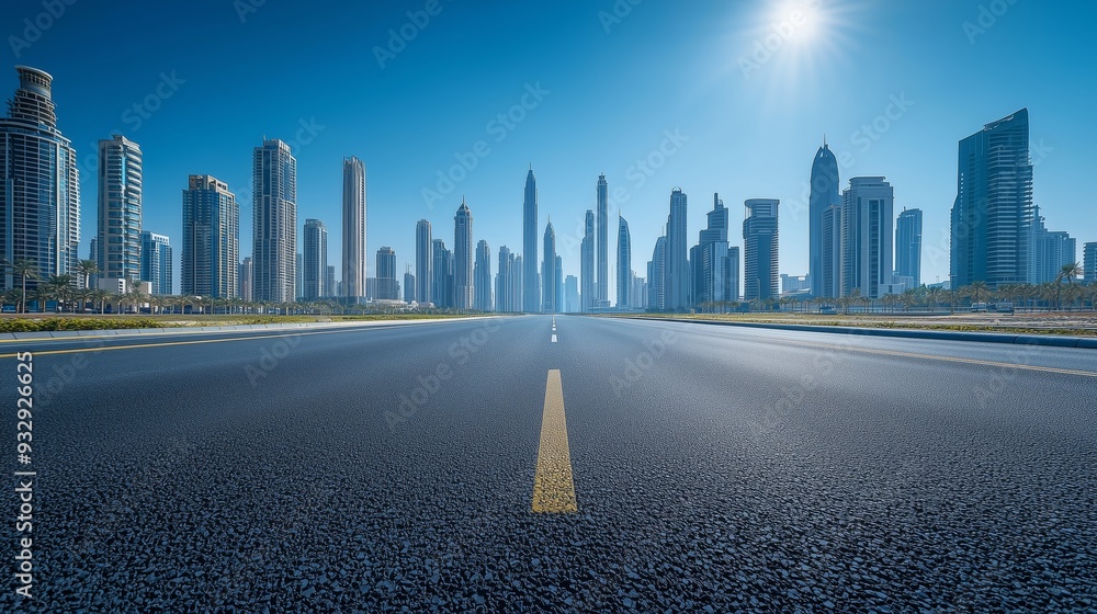 A wide, expansive road leads directly towards a futuristic skyline of ...