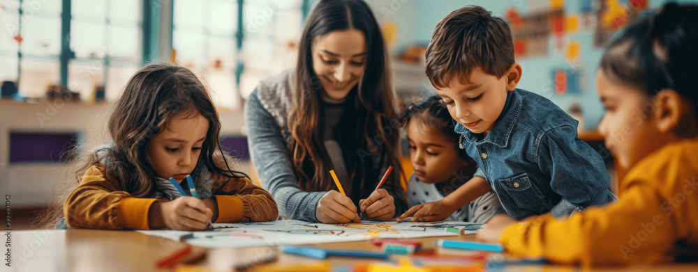 Children and Teacher Smiling While Drawing with Crayons in a Classroom ...