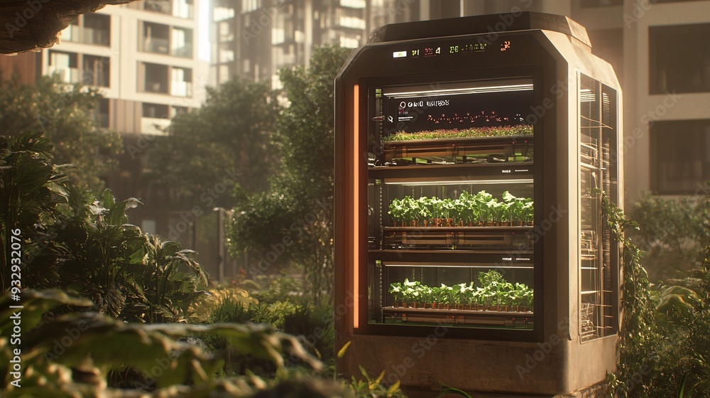 An illustration of a vertical farming unit integrated into a ...