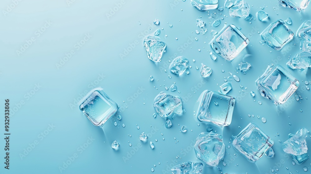 Floating ice cubes on a light blue background. The image emphasizes ...