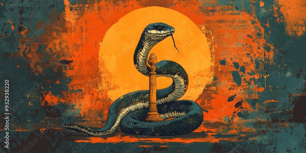 Vibrant Nag Panchami Cartoon: Stylized Cobra and Lingam in Abstract ...