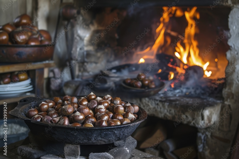 Traditional wood fired iron stove roasted chestnuts typical winter food ...