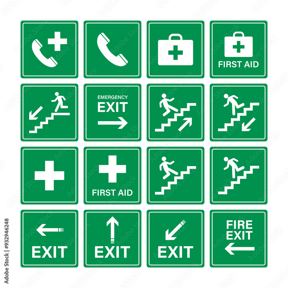 Green fire safety and emergency icons set. Collection of fire danger ...