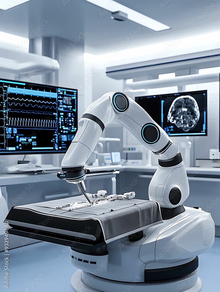 Tilted perspective of an AI robot surgeon performing a complex ...
