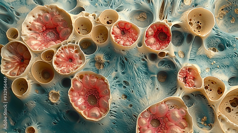 A cross-sectional view of trabecular spongy bone, illustrating its ...
