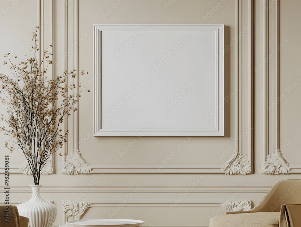 Mockup of a white frame displayed on a gallery wall in a cozy ...