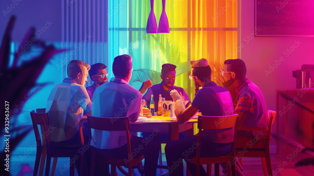 A lively group of friends is enjoying a delightful dinner in an ...