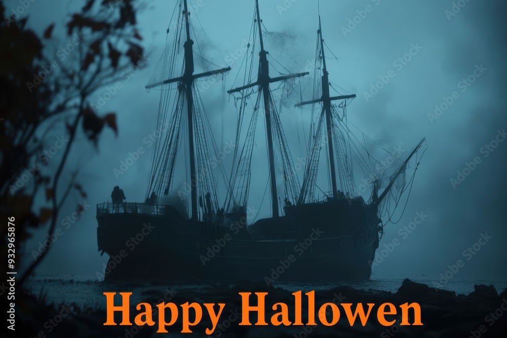 Haunted Ship Collage: Images of an old, haunted ship with ghostly crew ...