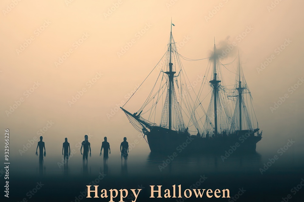 Haunted Ship Collage: Images of an old, haunted ship with ghostly crew ...