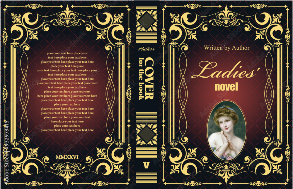 Ornate book cover design featuring a woman from the 19th century ...