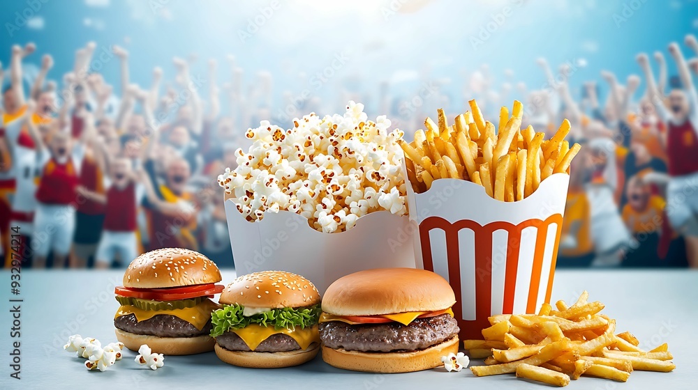 Isometric view of a sports-themed snack setup with popcorn, burgers ...