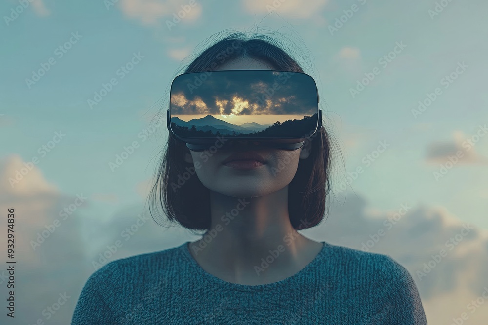 Woman standing in a dreamlike landscape with a VR headset representing ...