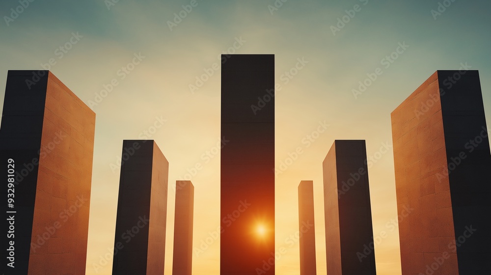 Monolithic Sunset: A series of towering, concrete monoliths stand as ...