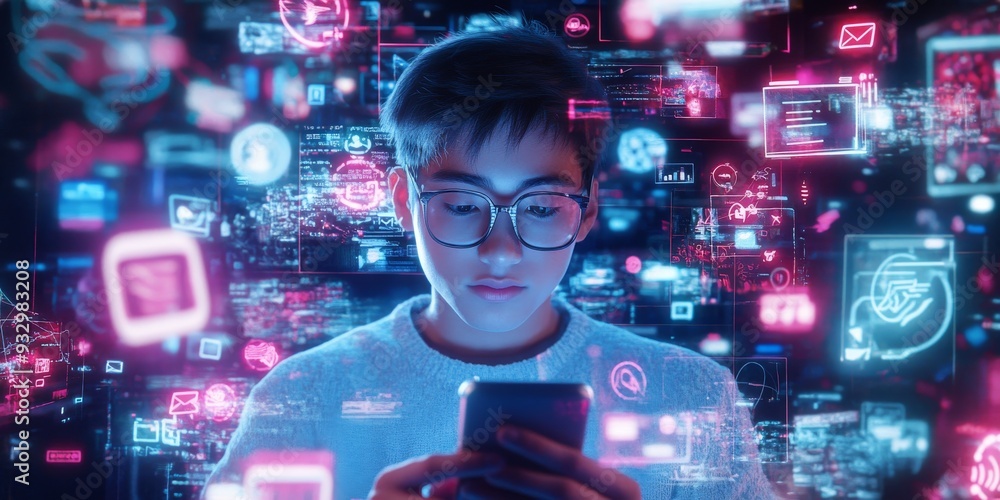Navigating the Digital Landscape: A young adult with focused eyes ...