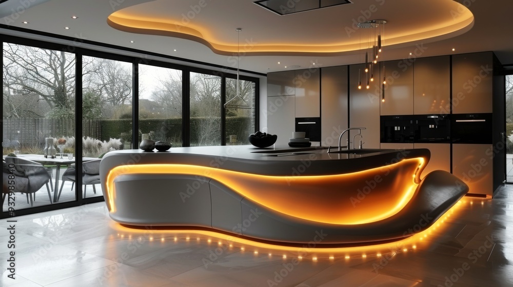 Design a contemporary kitchen with a built-in TV screen and LED strips ...