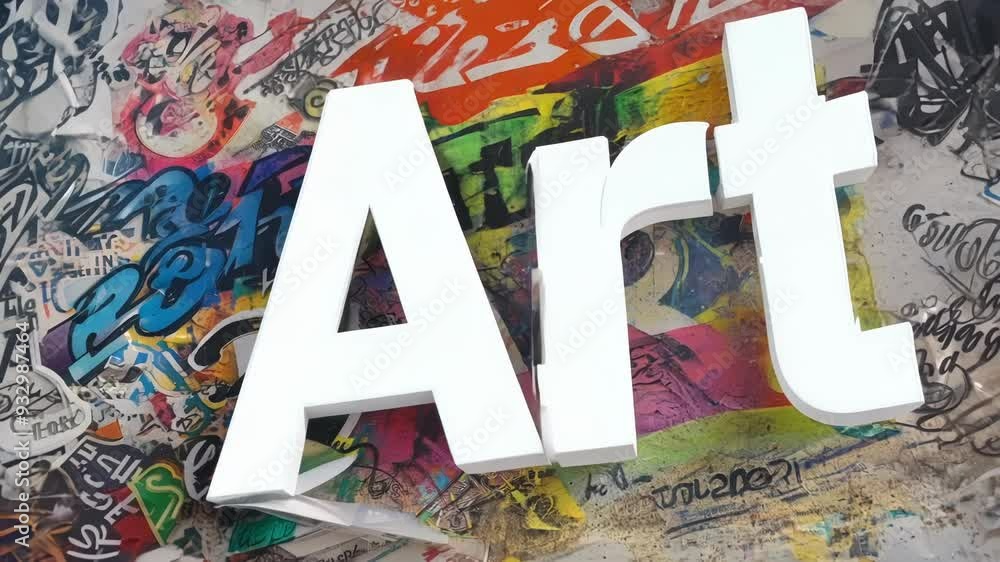 White 3d art sign emerges on a vibrant graffiti wall, with the camera ...