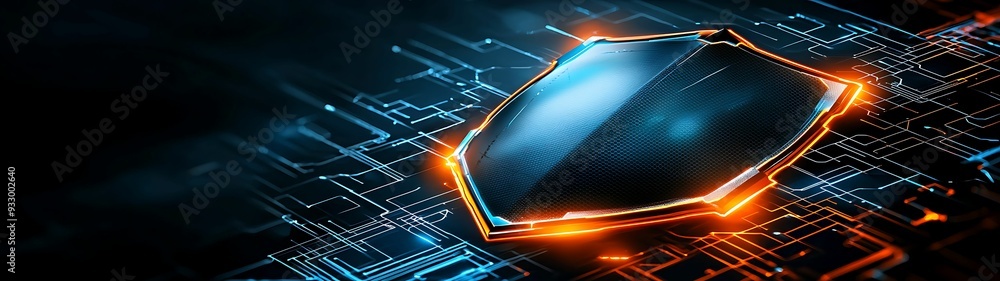 Tilted perspective of an abstract, futuristic graphic shield with sharp ...