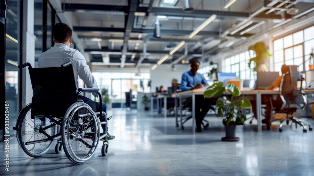 Man with disabilities at work. Guy in wheelchair in office among ...