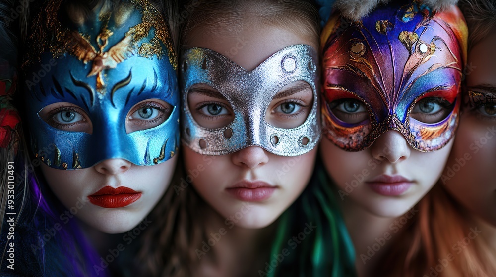 Faces of girls in carnival masks. Portraits of girls without emotions ...