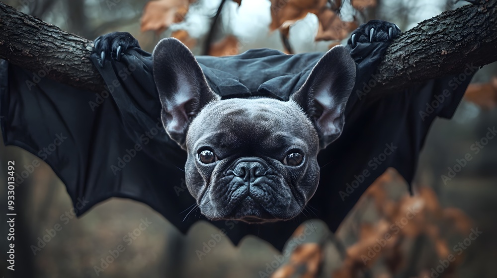 A mischievous French Bulldog dressed as a vampire bat hanging upside ...