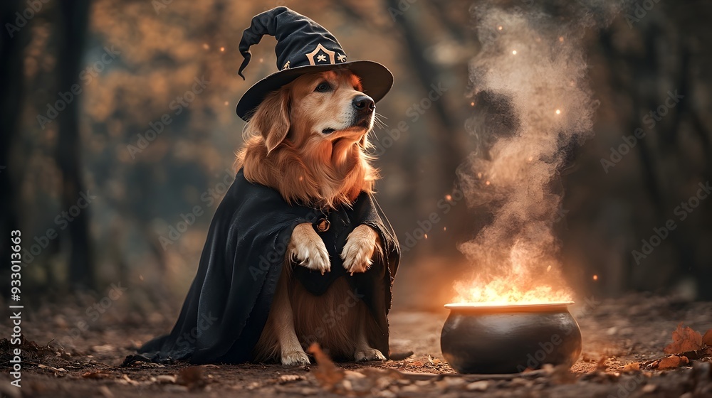 A whimsical scene of a Golden Retriever wearing a wizard s hat and cape ...