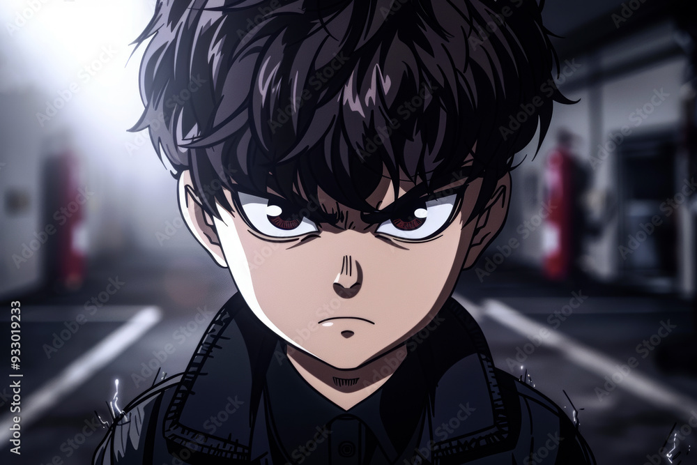 Dorama cartoon. Anime image of a boy with a grim and determined ...