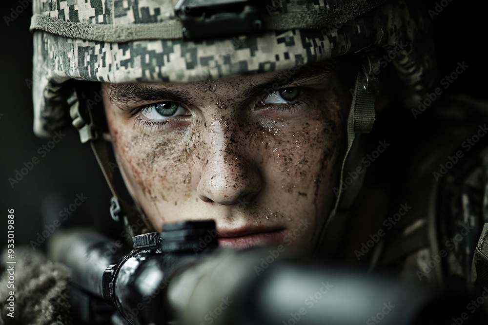 Soldier with camouflage face paint is aiming down the sight of a rifle ...