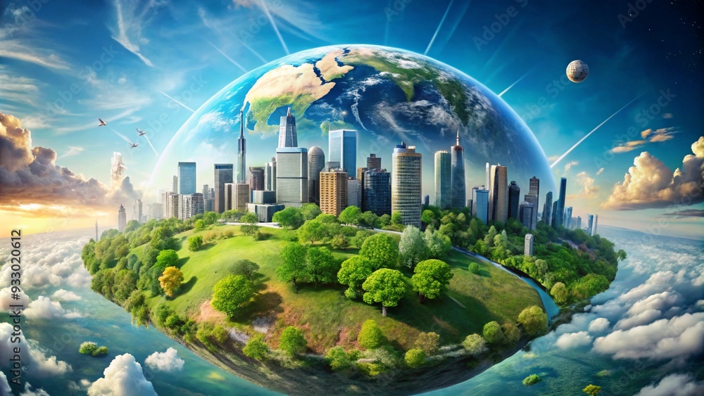 Futuristic city with smart ecosystems: interactive screens display real ...