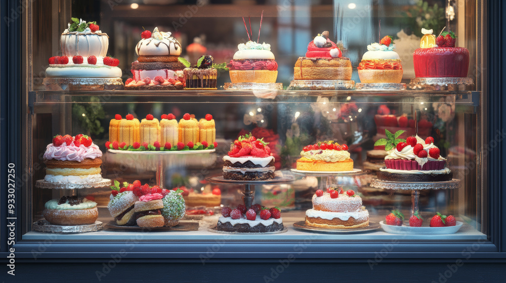 “A pastry shop display window featuring a variety of cakes. The display ...