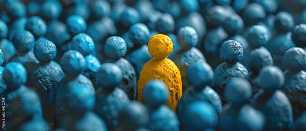 Yellow wodden figure stand out among blue crowd, concept of finding the ...