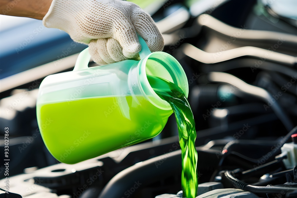 Hand in a white glove pouring bright green coolant into a car engine ...