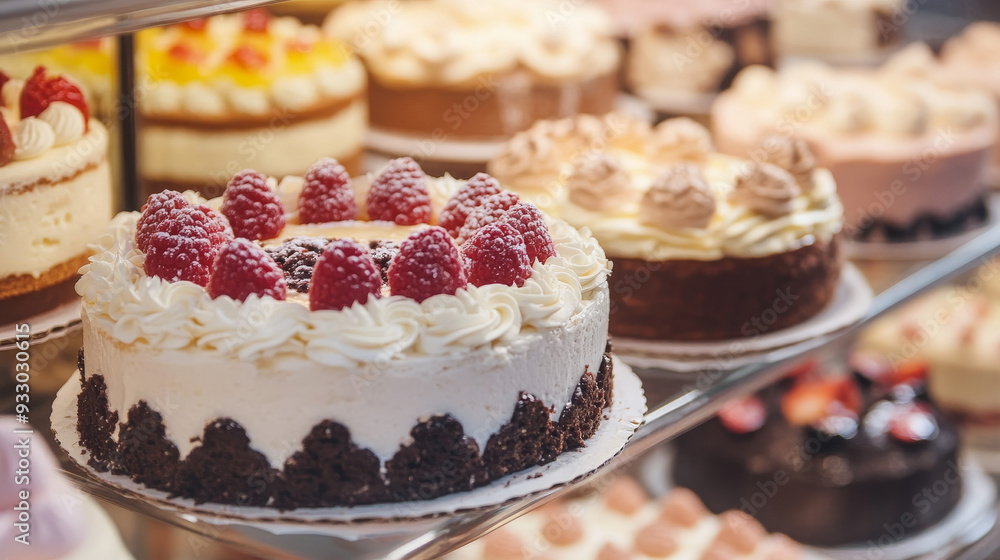 “Close-up of various types of delicious cakes displayed in bulk at a ...