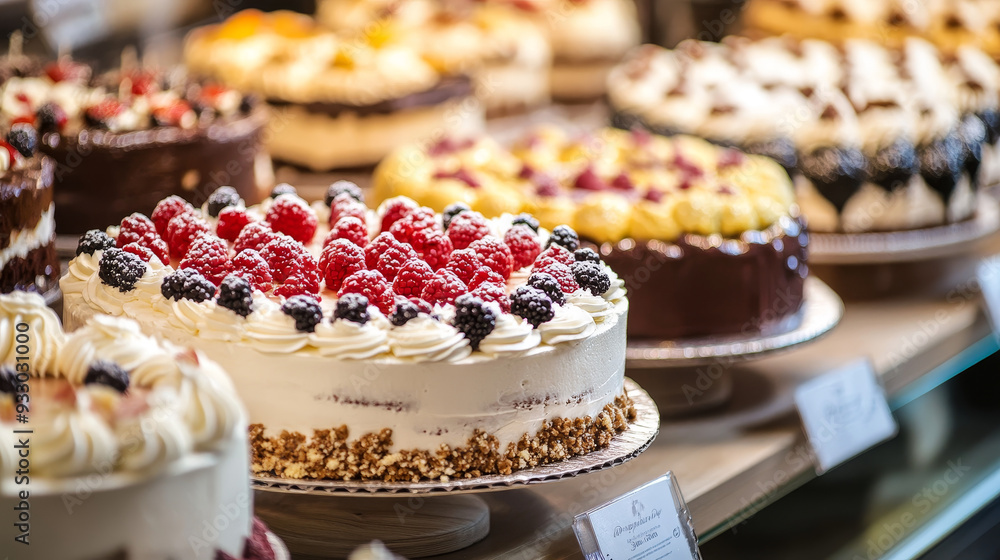 “Close-up of various types of delicious cakes displayed in bulk at a ...