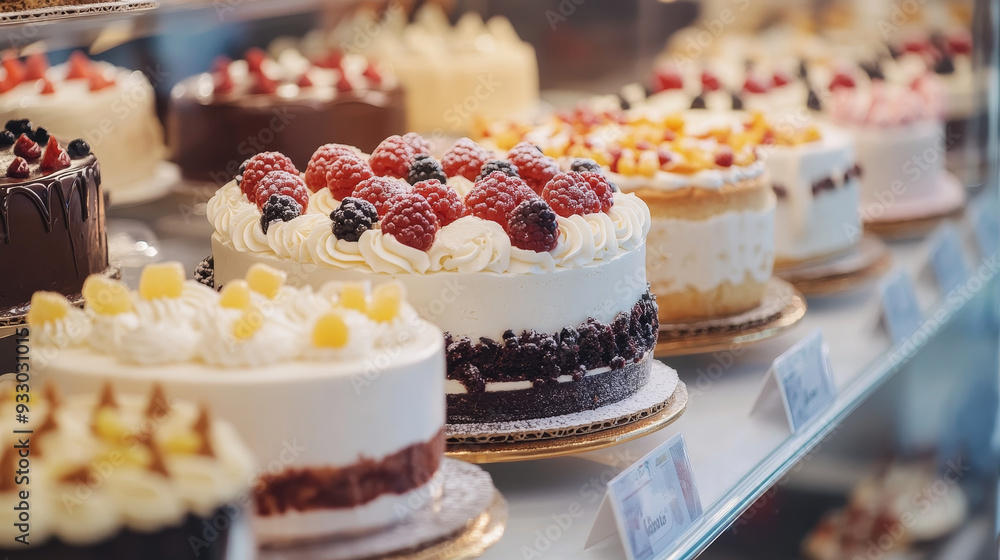 “Close-up of various types of delicious cakes displayed in bulk at a ...