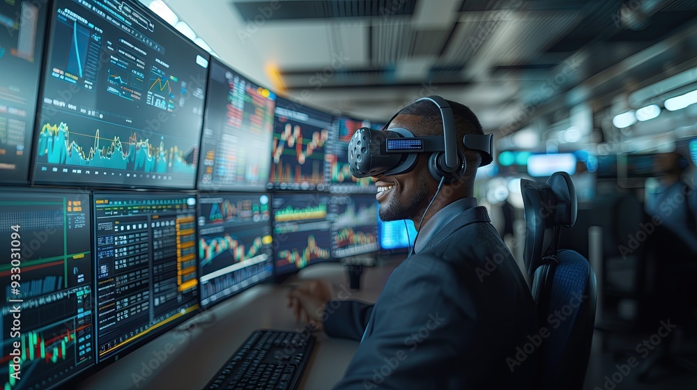 Stock trader using virtual reality headset smiling happily at sudden stock market growth ...