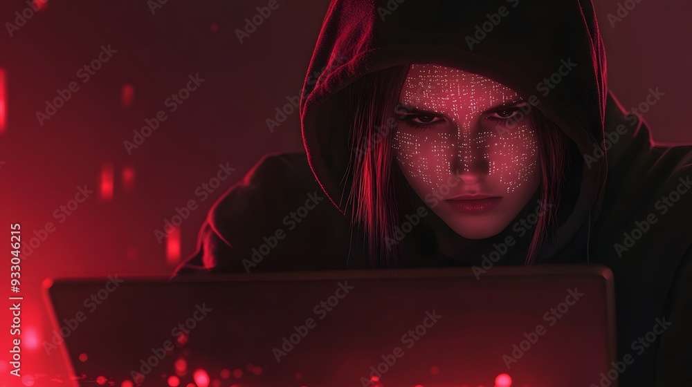 Hacker In A Black Hoodie With The Hood Up Focused On A Laptop With