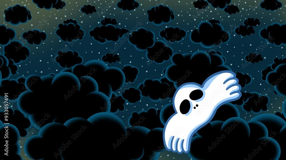 Cartoon crazy doodle ghost flying night clouds sky intro. Character ...