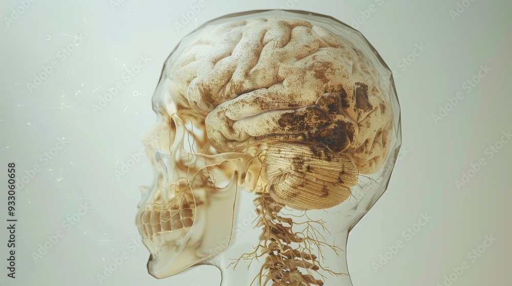A detailed side view of a translucent human skull and brain, showcasing ...