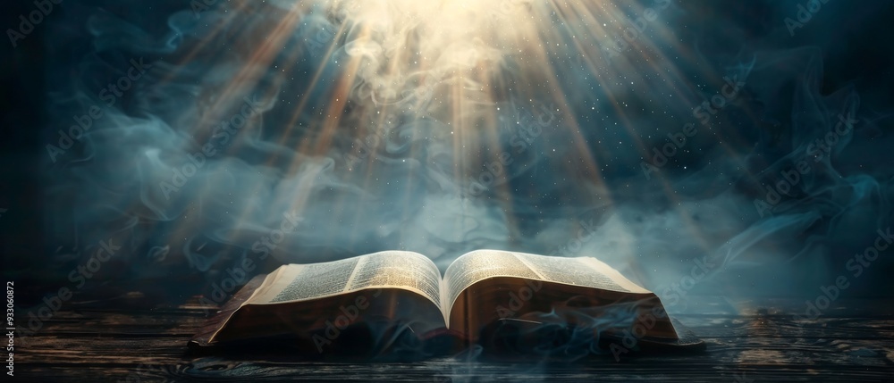 A high-resolution, symbolic image of an open book with rays of light ...