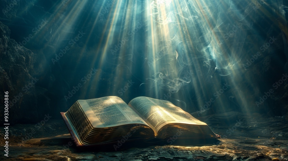 A high-resolution, symbolic image of an open book with rays of light ...